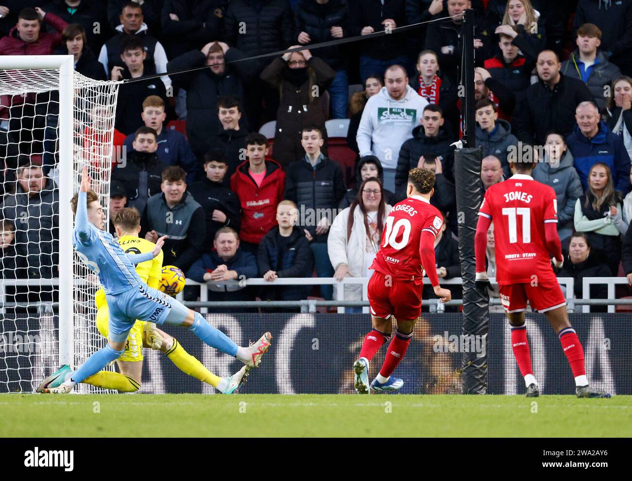Middlesbrough's Morgan Rogers attempts a shot on goal during the Sky ...