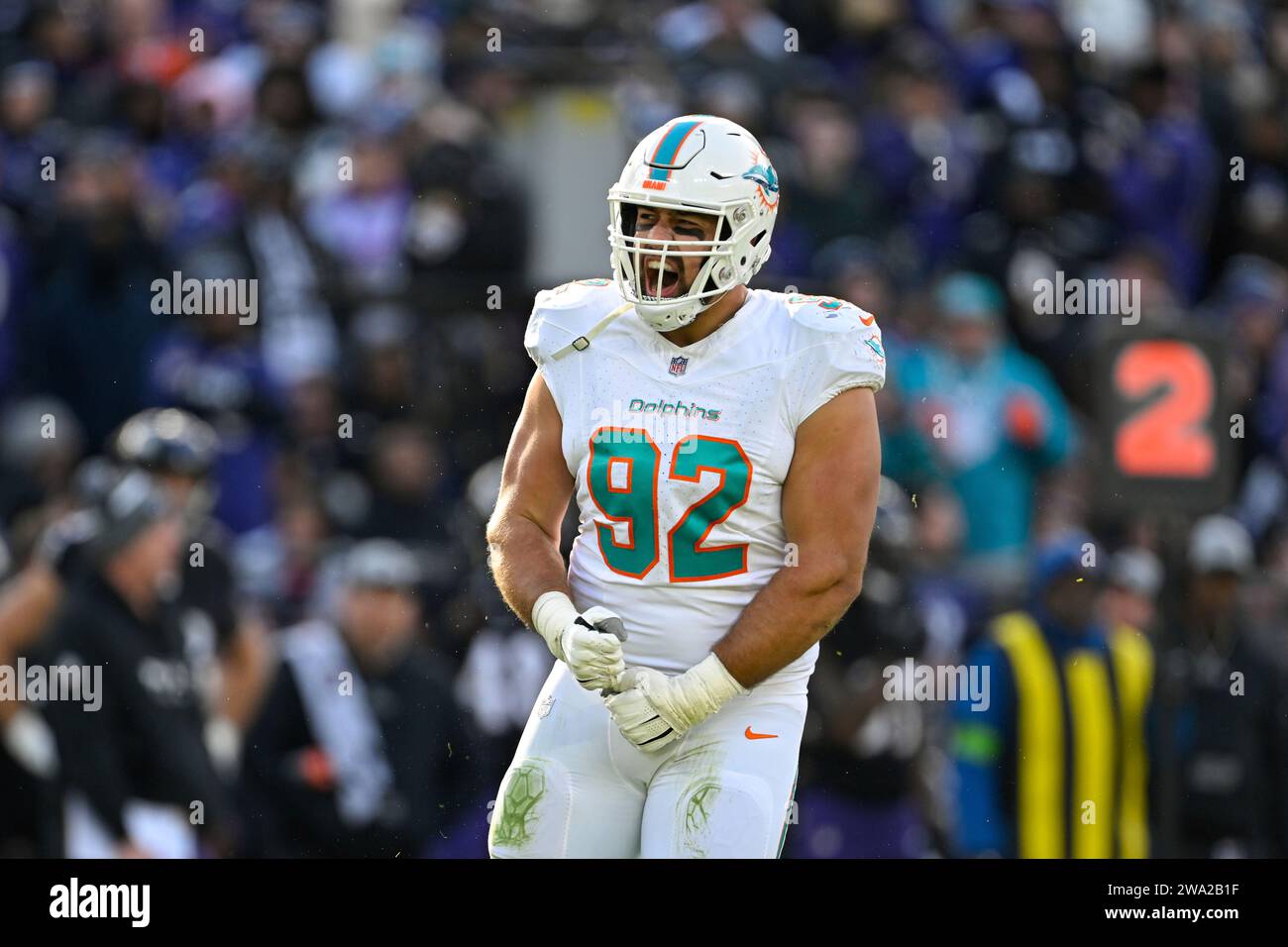 Miami Dolphins defensive tackle Zach Sieler (92) celebrates his sack ...