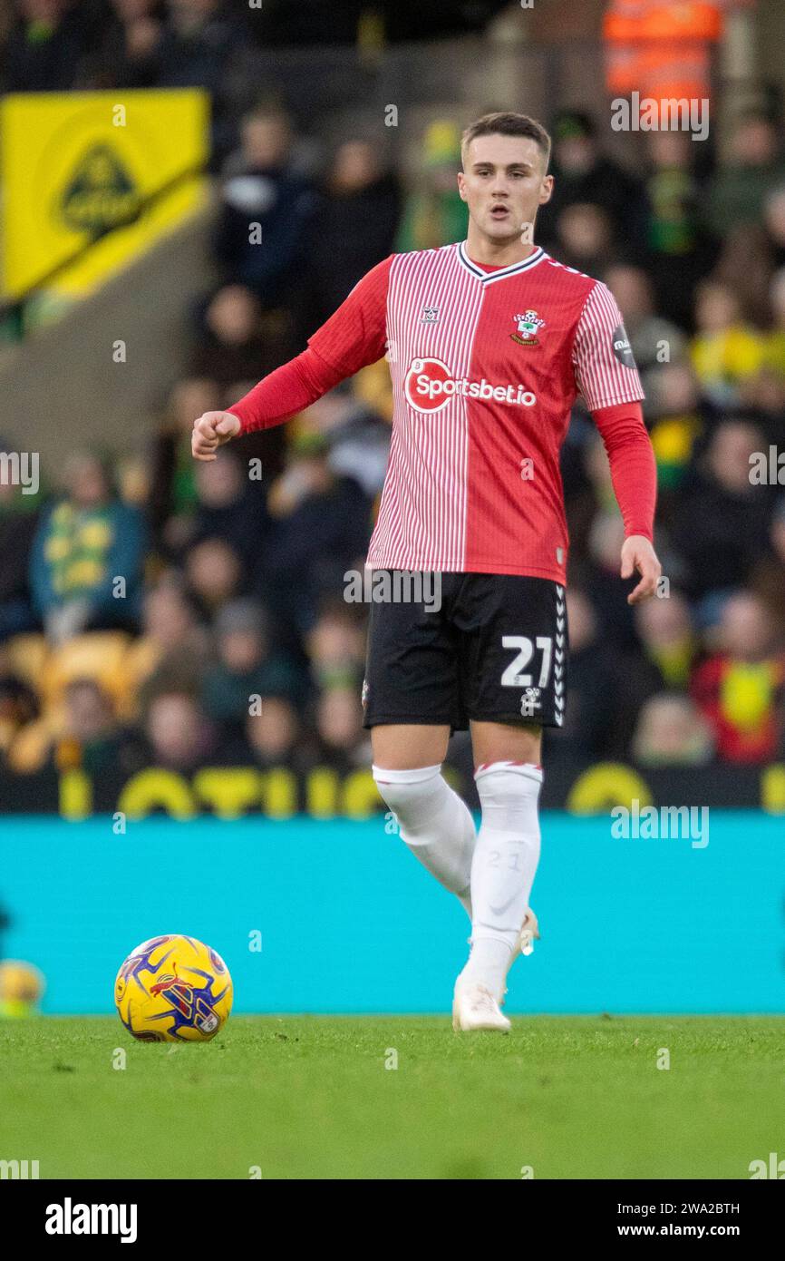 Norwich on Monday 1st January 2024. Southampton Taylor Harwood-Bellis ...