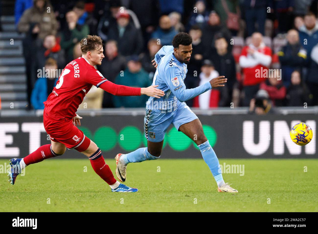 Middlesbrough's Rav van den Berg pulls back on Coventry City's Haji ...