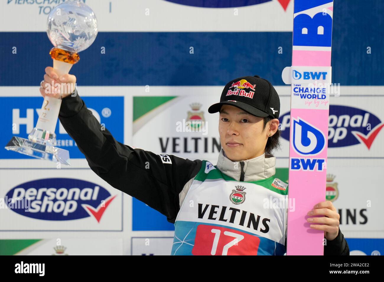 Ryoyu Kobayashi, of Japan, stands on the podium after finishing second ...