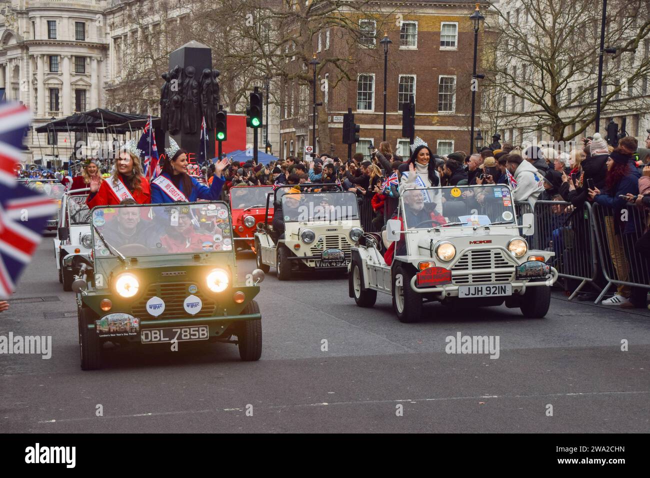 London, UK. 1st January 2024. Mini Moke enthusiasts and Miss Great ...