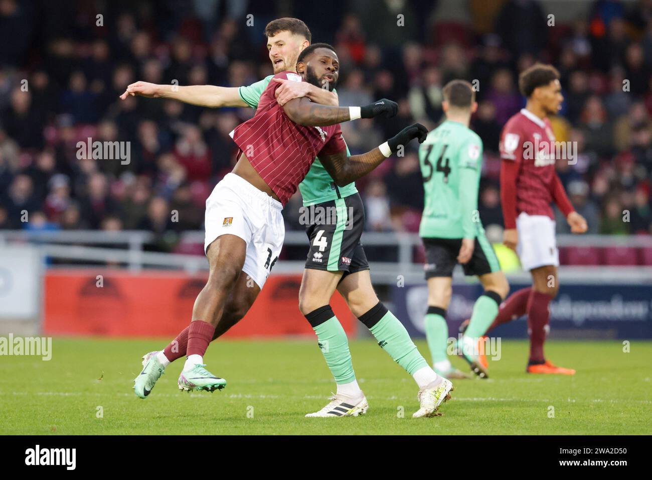 Northampton on Monday 1st January 2024. Cheltenham Town's Tom Bradbury ...