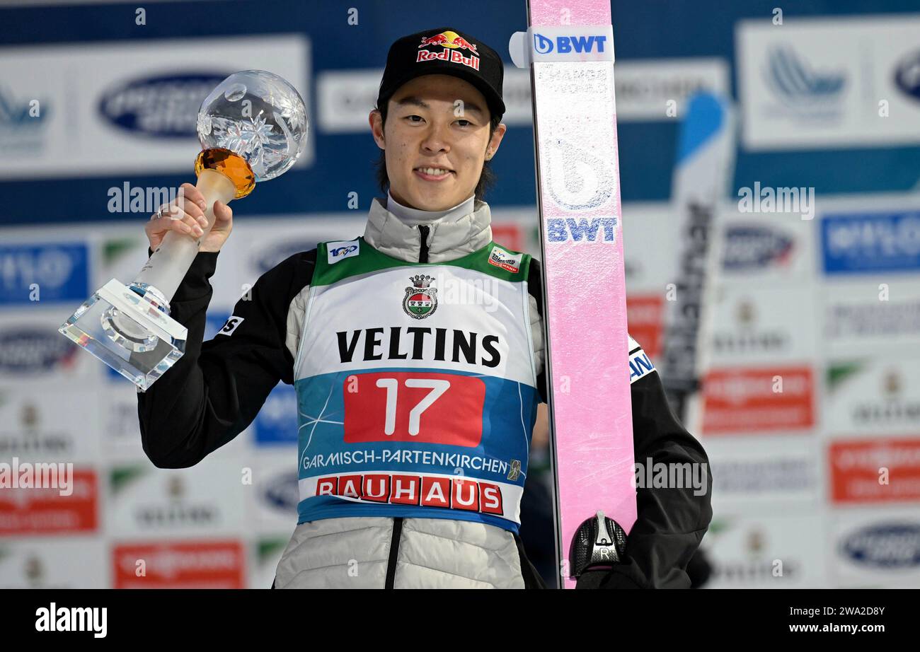 Japan's Ryoyu Kobayashi stands on the podium during the awards ceremony ...