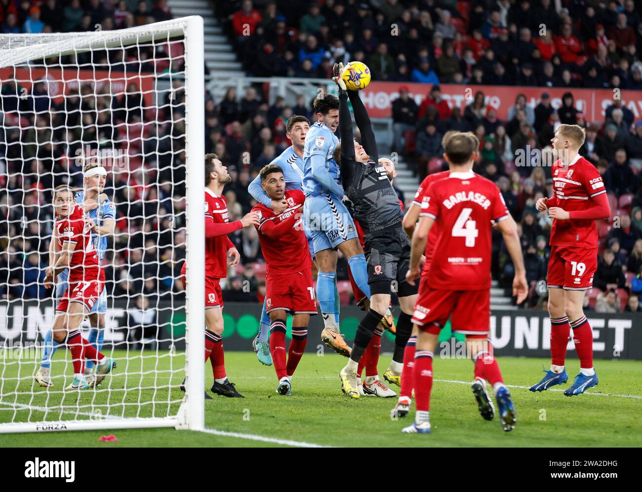 Middlesbrough goalkeeper Tom Glover saves a shot during the Sky Bet ...