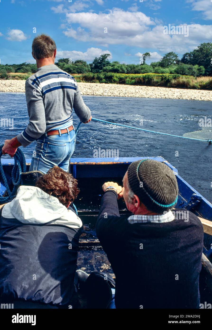 Salmon netting River Spey Scotland during 1990s pulling the seine net ...