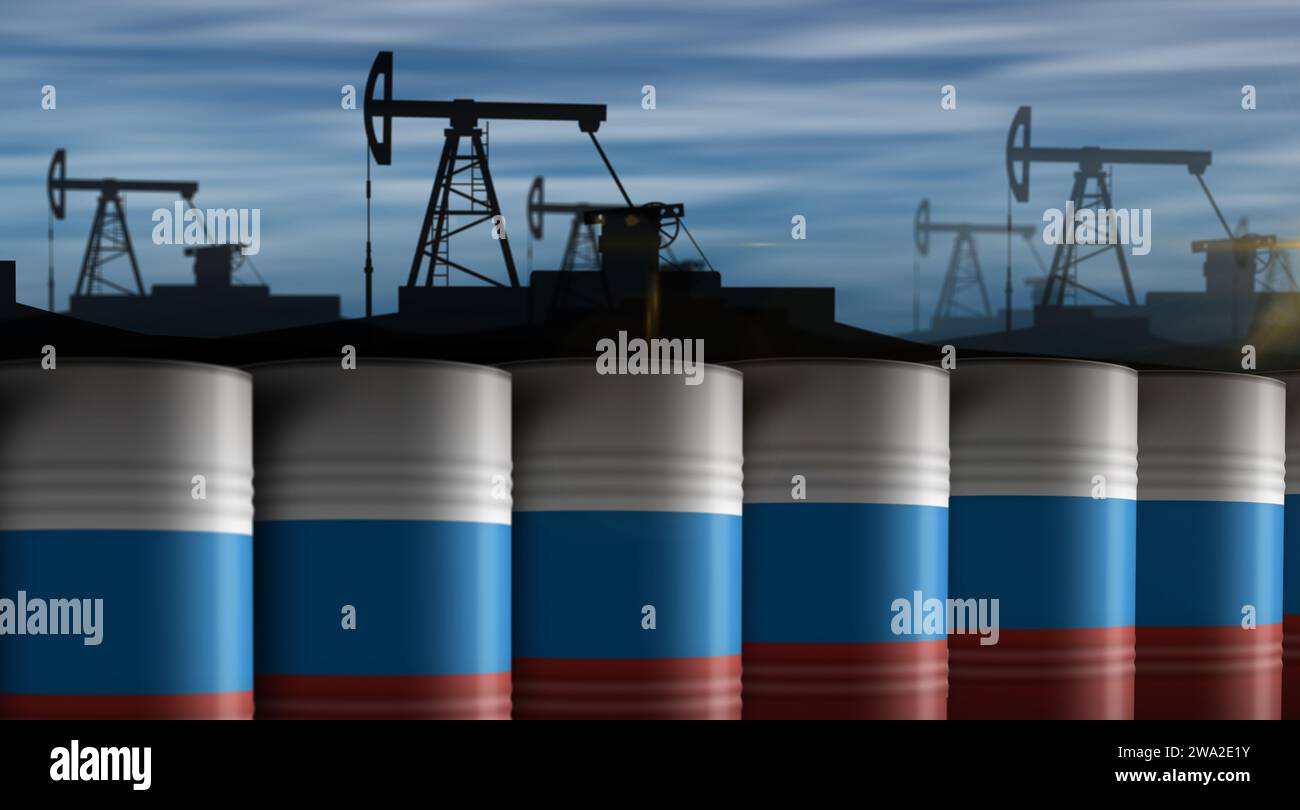 Russia oil crude petroleum fuel barrels in row concept. Russian petrol ...