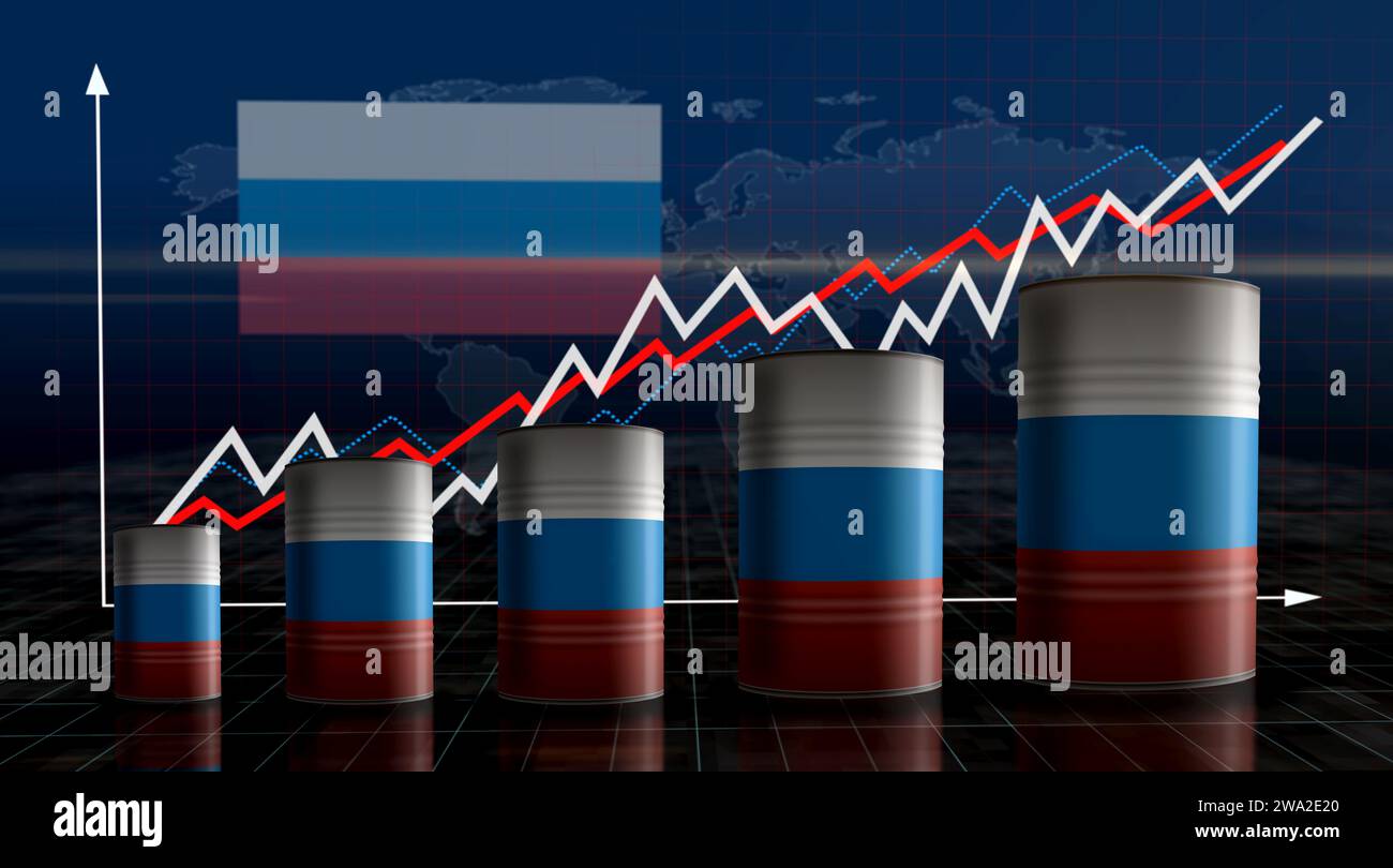 Russia oil crude petroleum fuel barrels on growing chart. Russian ...