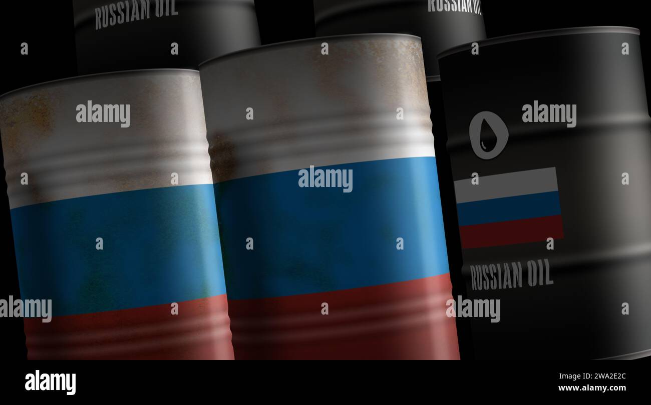 Russia oil crude petroleum fuel barrels in row concept. Russian petrol ...