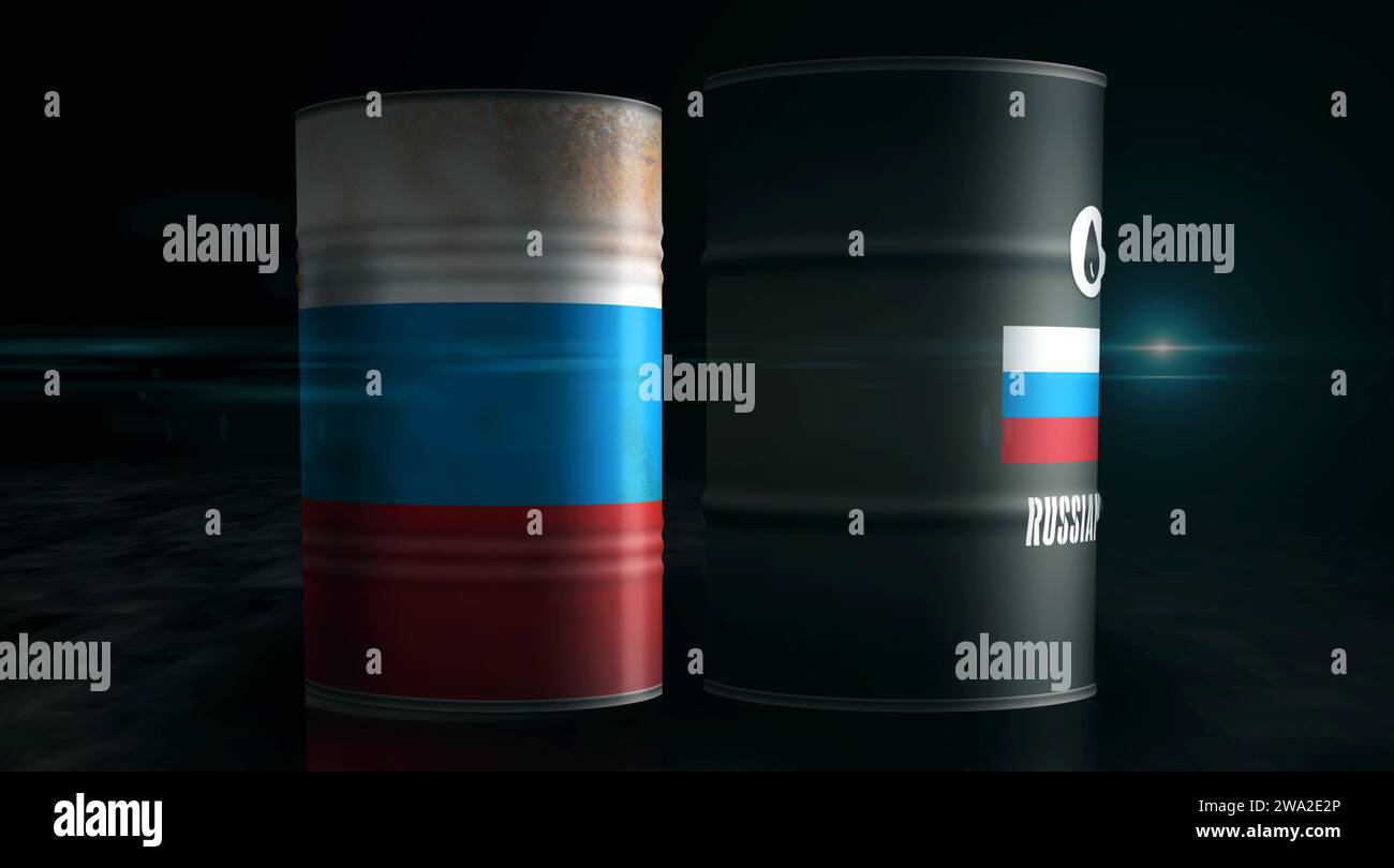 Russia oil crude petroleum fuel barrels in row concept. Russian petrol ...