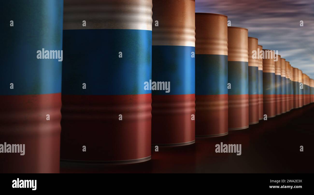 Russia oil crude petroleum fuel barrels in row concept. Russian petrol ...