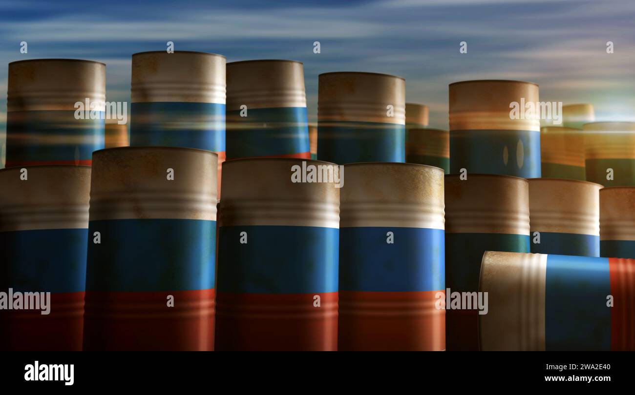 Russia oil crude petroleum fuel barrels in row concept. Russian petrol ...