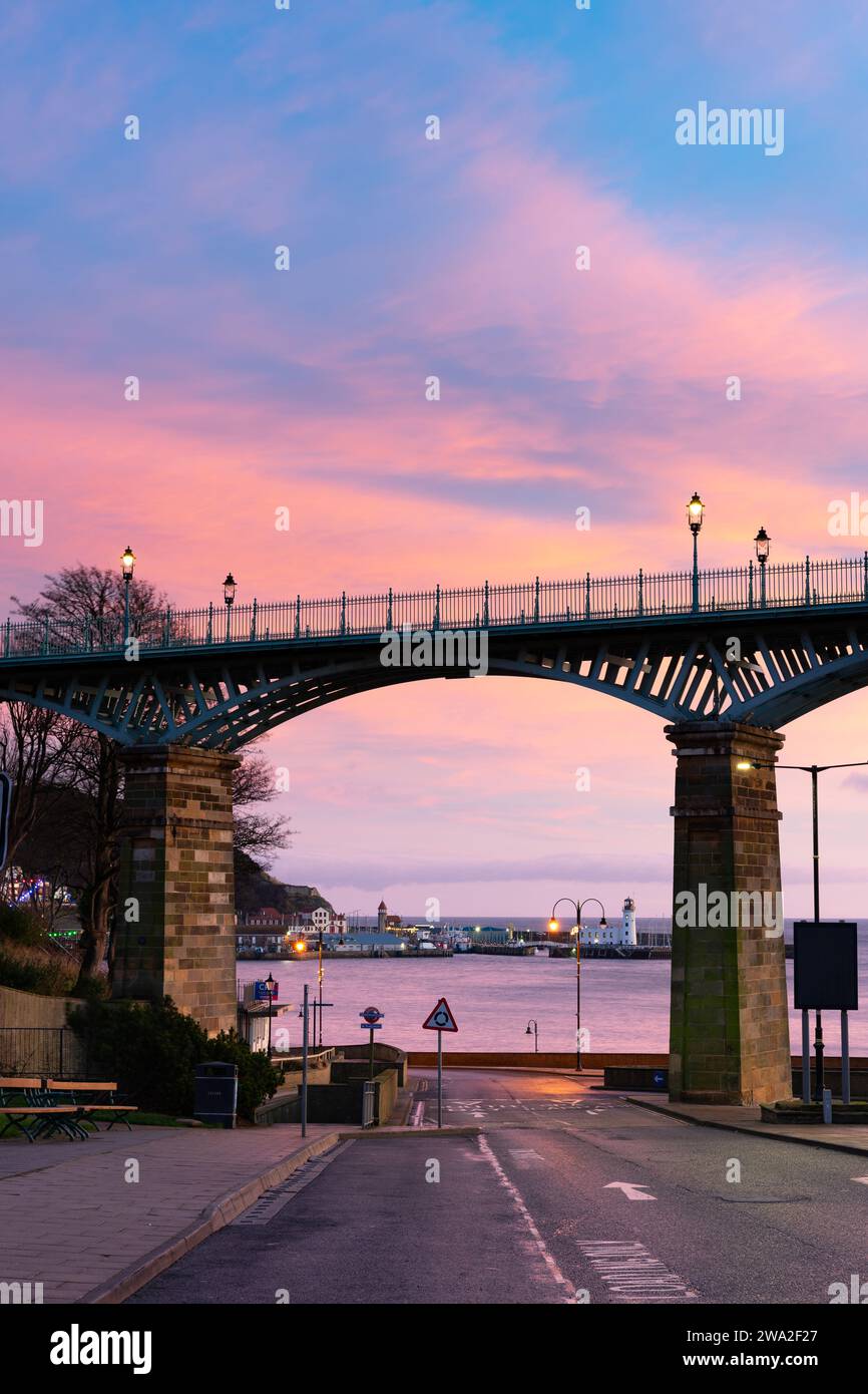 Scarborough South Bay Spa Bridge at Sunrise, Scarborough, England, UK ...