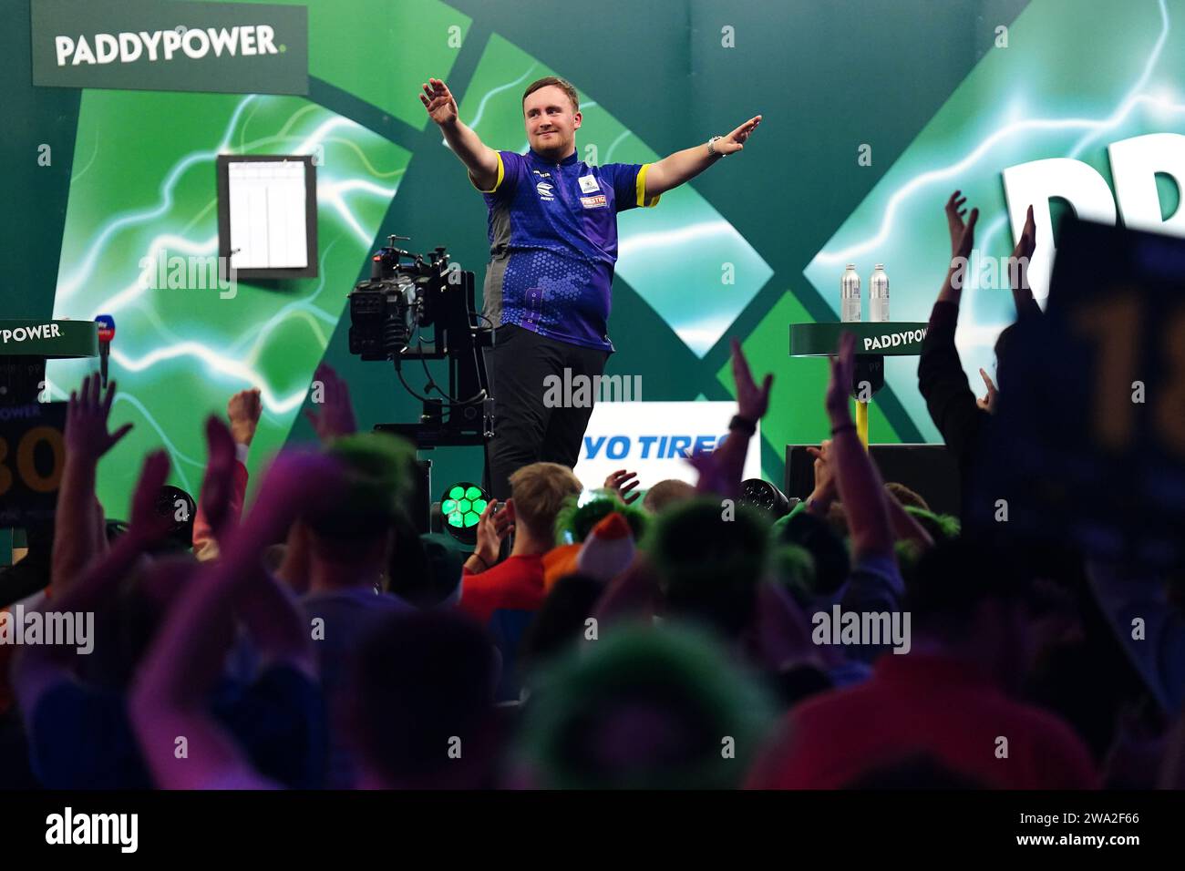 Luke Littler celebrates victory over Brendan Dolan (not pictured) on ...