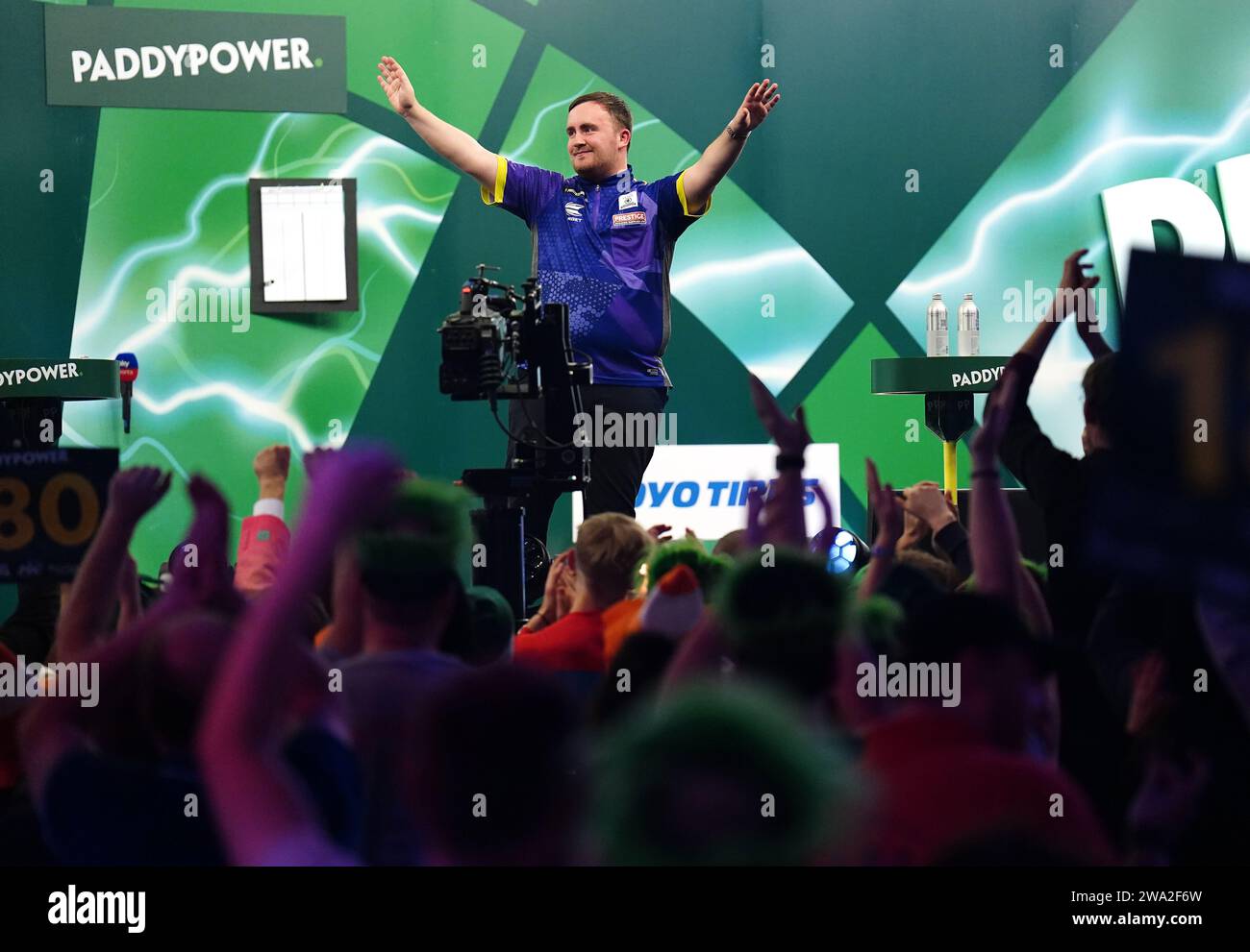 Luke Littler celebrates victory over Brendan Dolan (not pictured) on ...