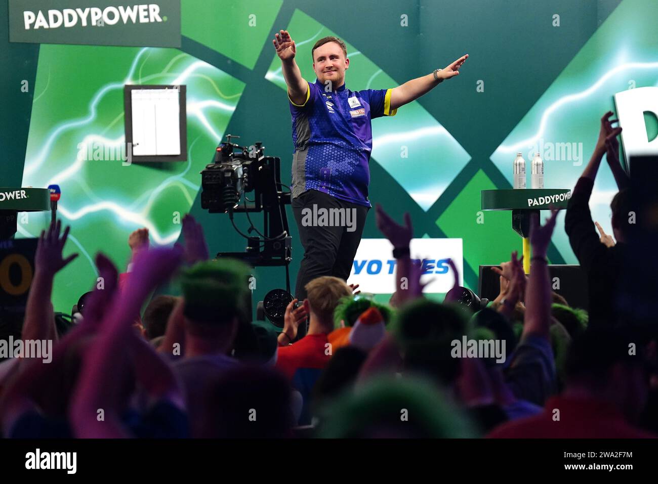 Luke Littler celebrates victory over Brendan Dolan (not pictured) on ...