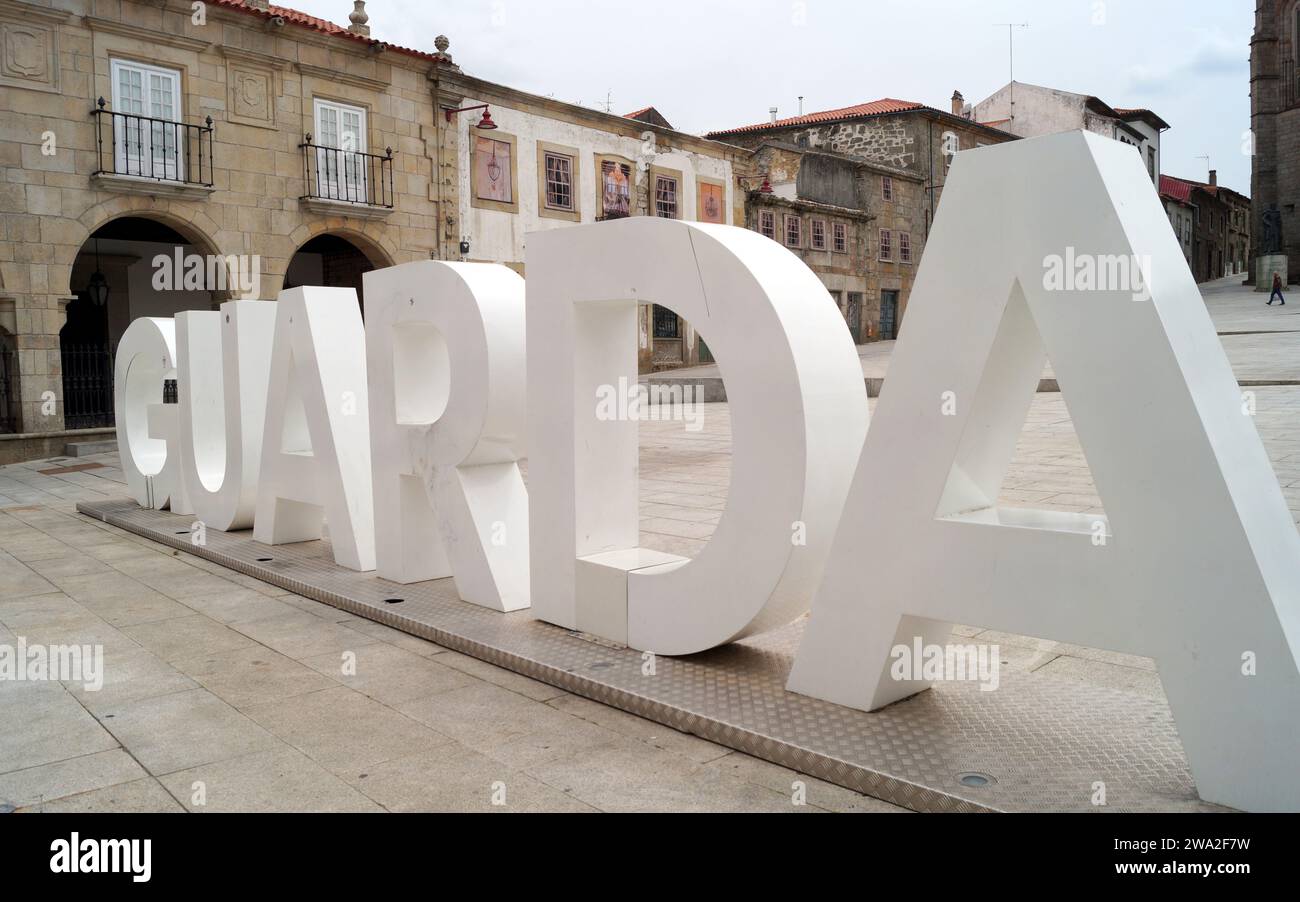 Giant letters of GUARDA sign, in the Luis de Camoes Square, in the ...