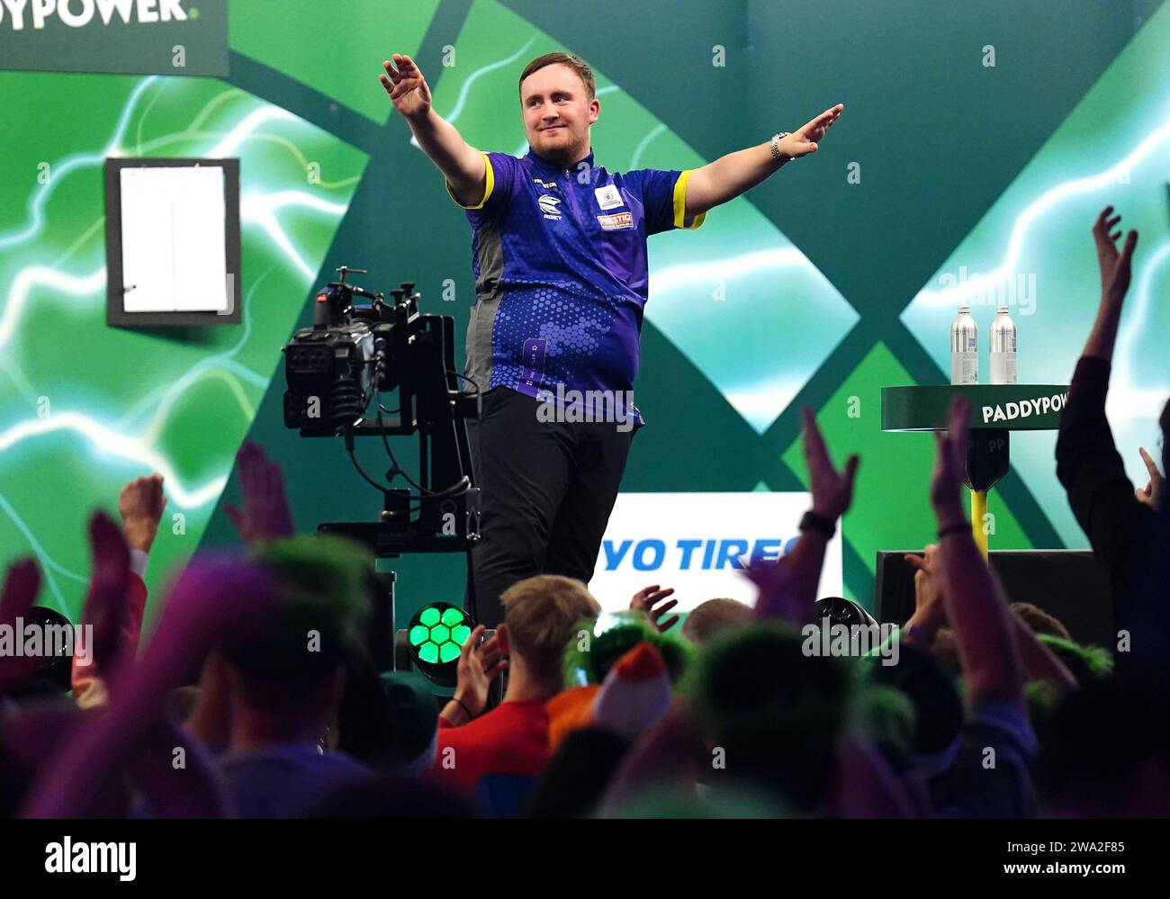 Luke Littler celebrates victory over Brendan Dolan (not pictured) on ...