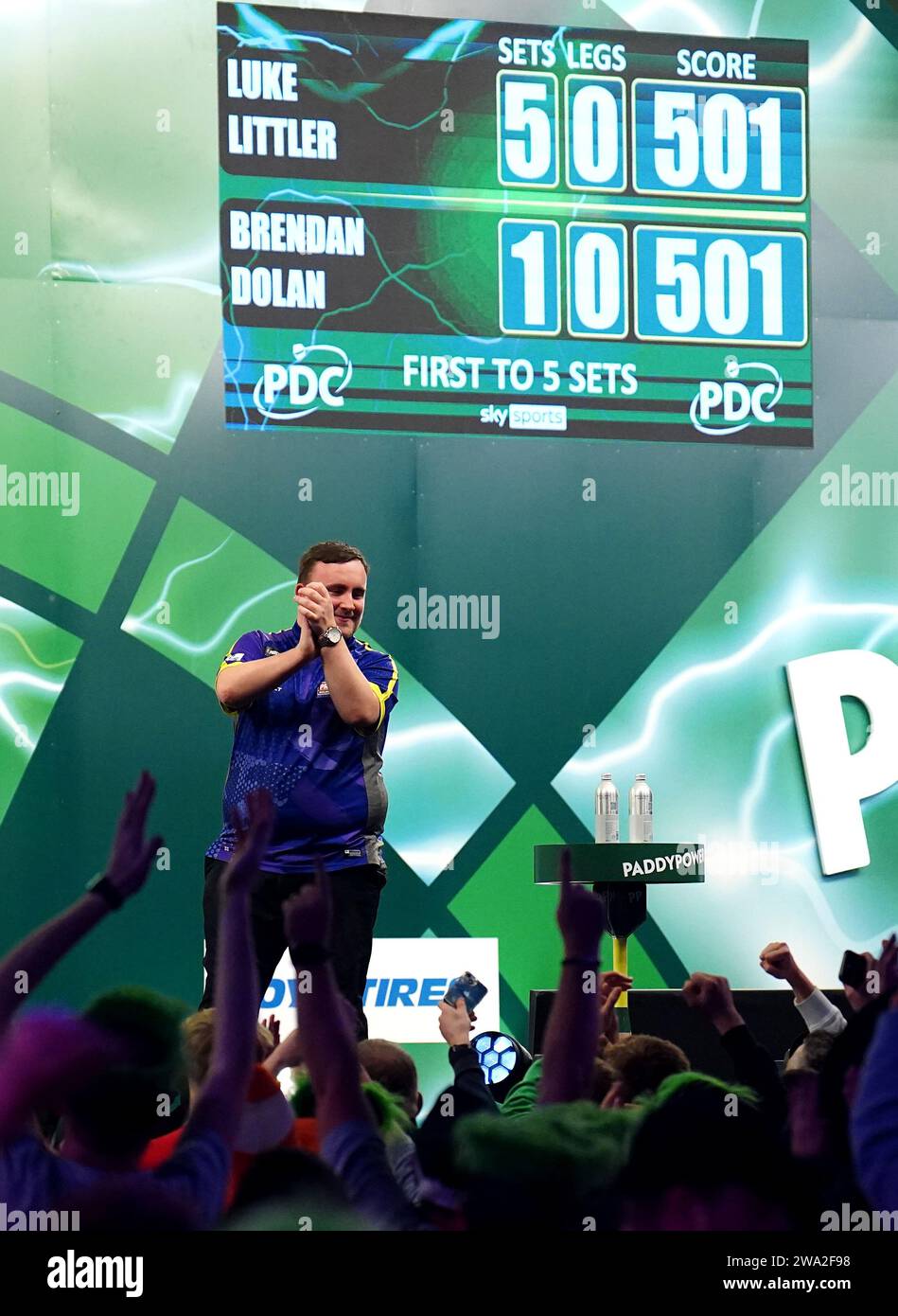 Luke Littler celebrates victory over Brendan Dolan (not pictured) on ...
