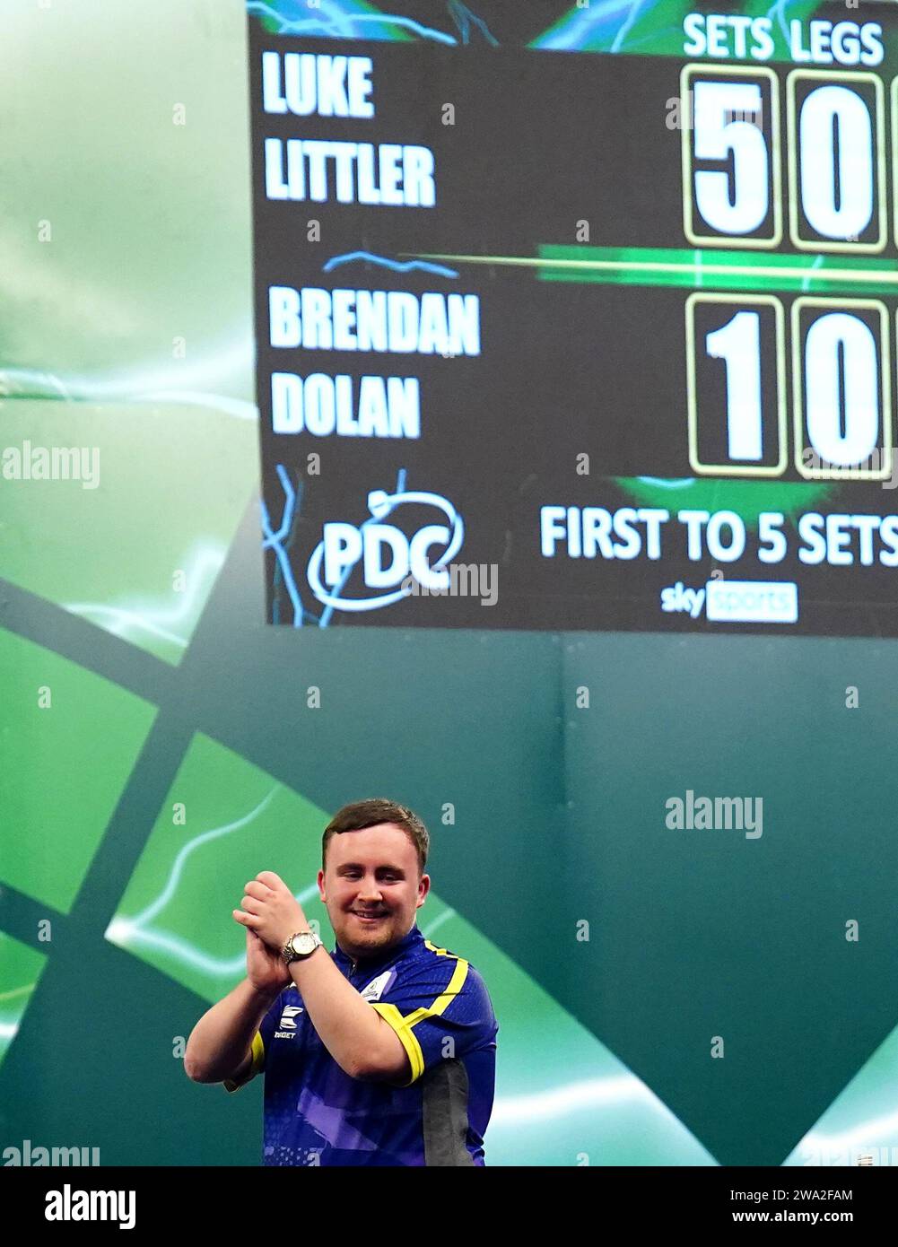 Luke Littler celebrates victory over Brendan Dolan (not pictured) on ...