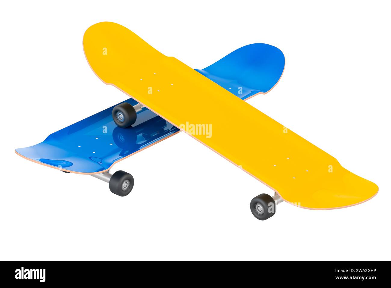 Blue and yellow skateboards, 3D rendering isolated on white background ...