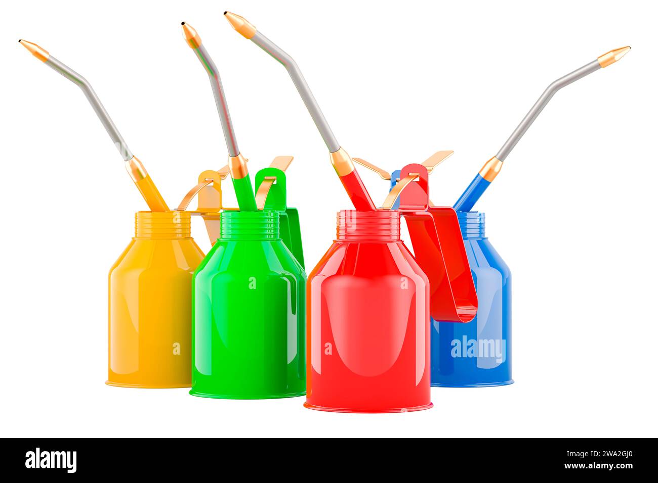 Colored Oil Cans. 3D rendering isolated on white background Stock Photo ...