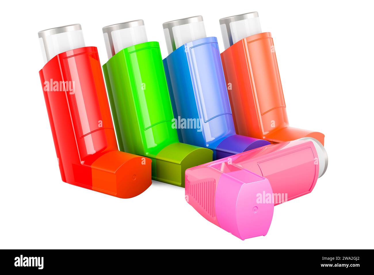 Set of colored metered-dose inhalers, 3D rendering isolated on white ...
