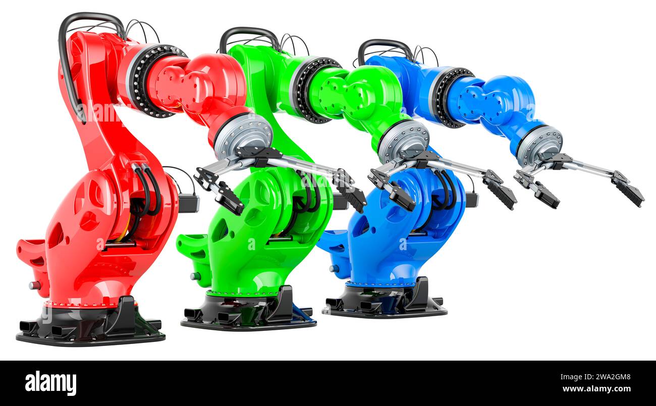 Colored Robotic Arms, 3D rendering isolated on white background Stock ...