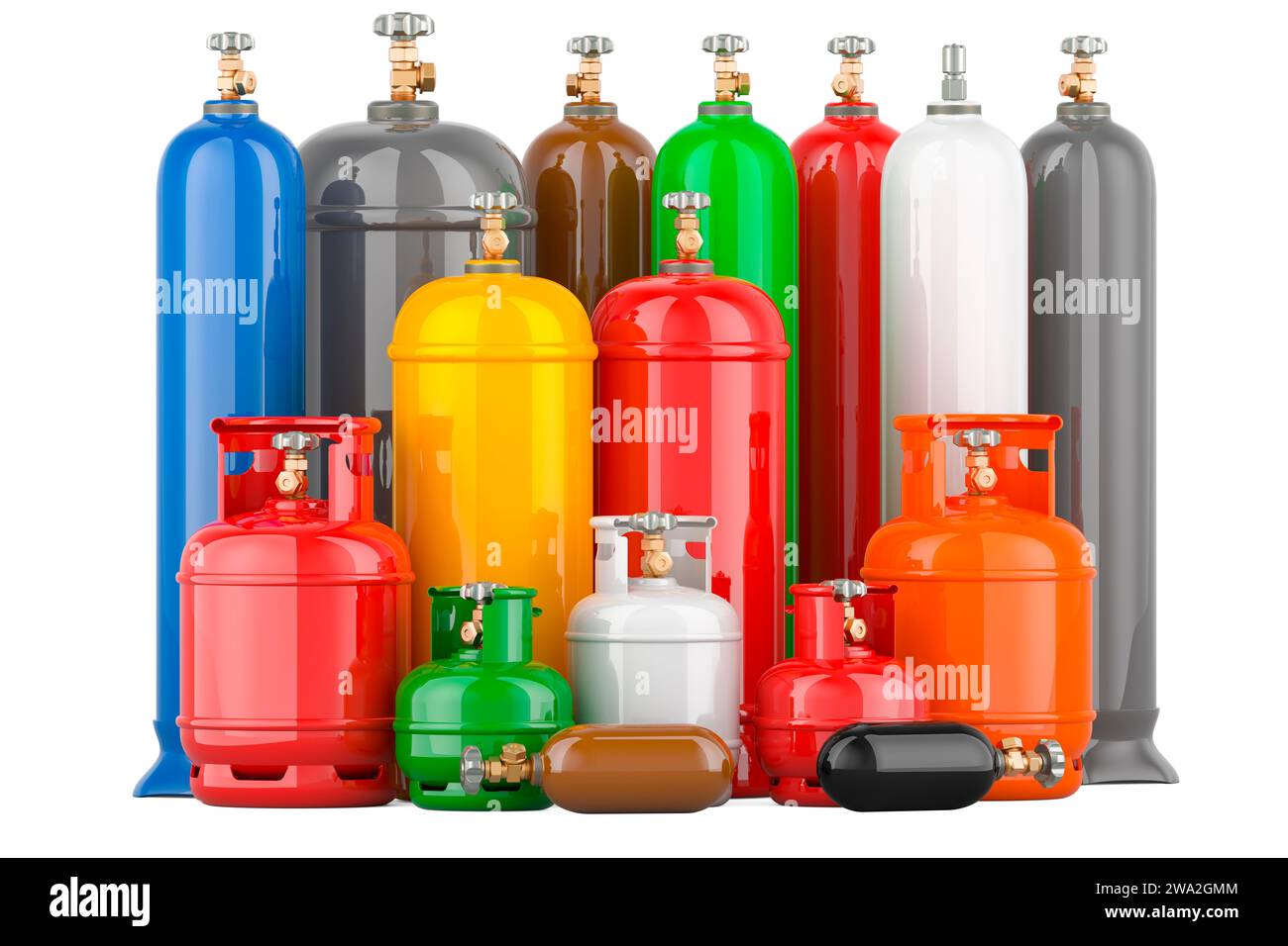 Set of different industrial liquefied gas cylinders, 3D rendering ...