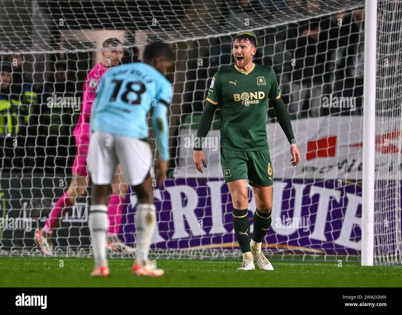 Dan Scarr of Plymouth Argyle gestures, shouts, pointing during the Sky ...