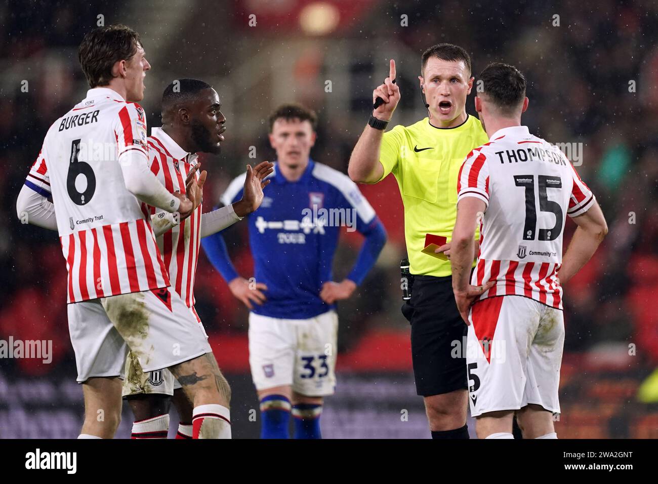 Referee Thomas Bramall sends off Stoke City's Jordan Thompson (right ...
