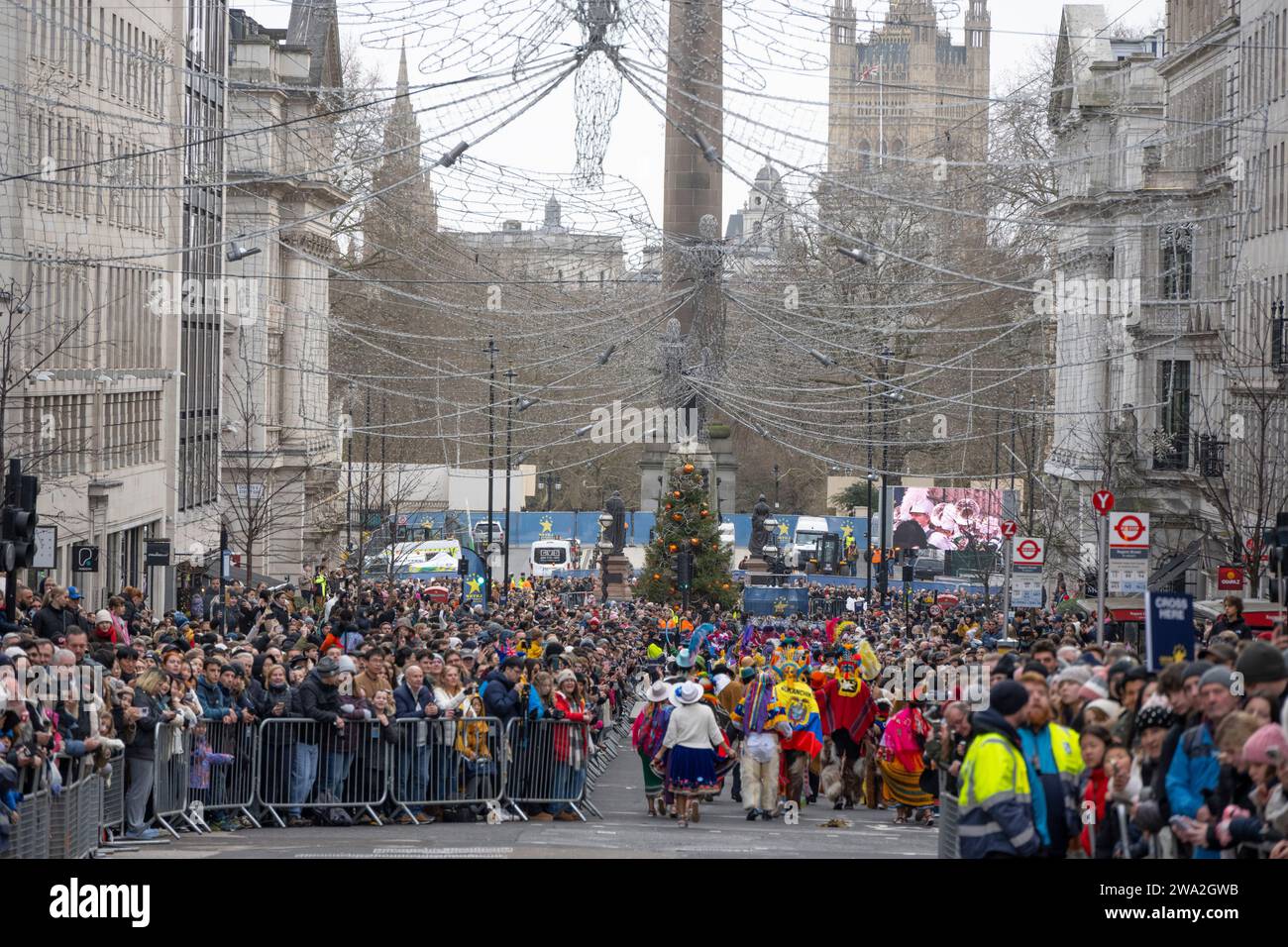 London, UK. 1st Jan, 2024. The colourful LNYDP2024 takes place in central London from Piccadilly ...