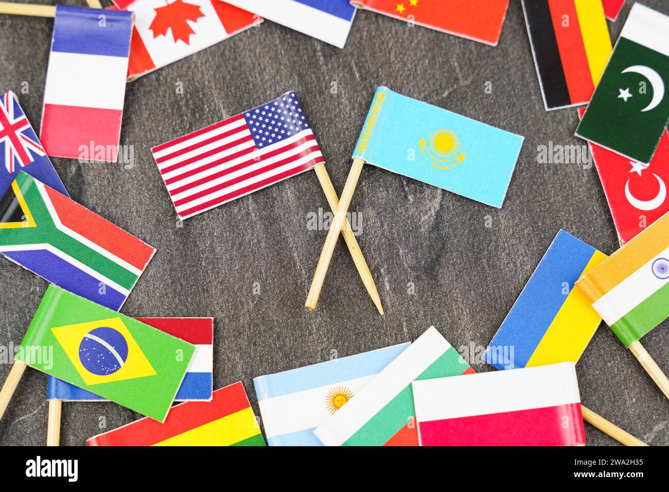 Policy. National flags of different countries. The concept is diplomacy ...