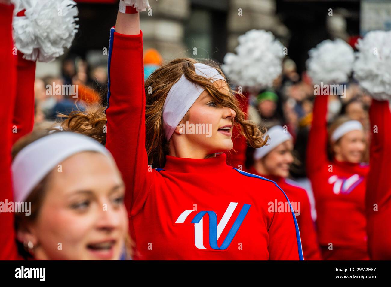 London, UK. 1st Jan, 2024. Varsity All Americans cheerleaders - The London New Year's Day Parade ...