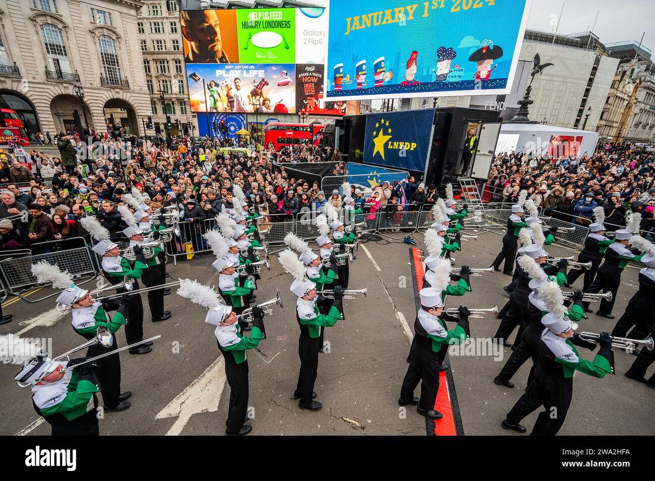 London, UK. 1st Jan, 2024. The Slippery Rock University Marching Pride - The London New Year's ...