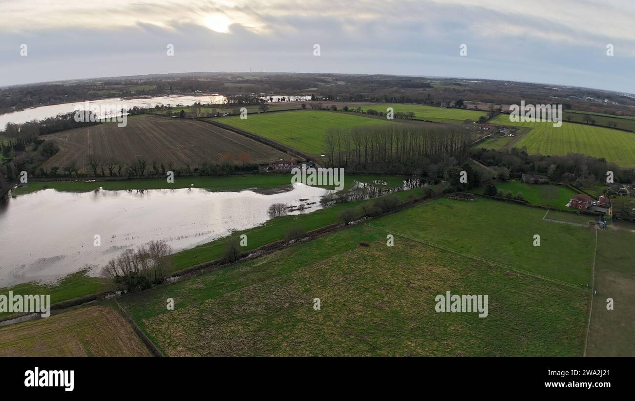The River Yare at Postwick Norfolk UK which has flooded the floodplains ...