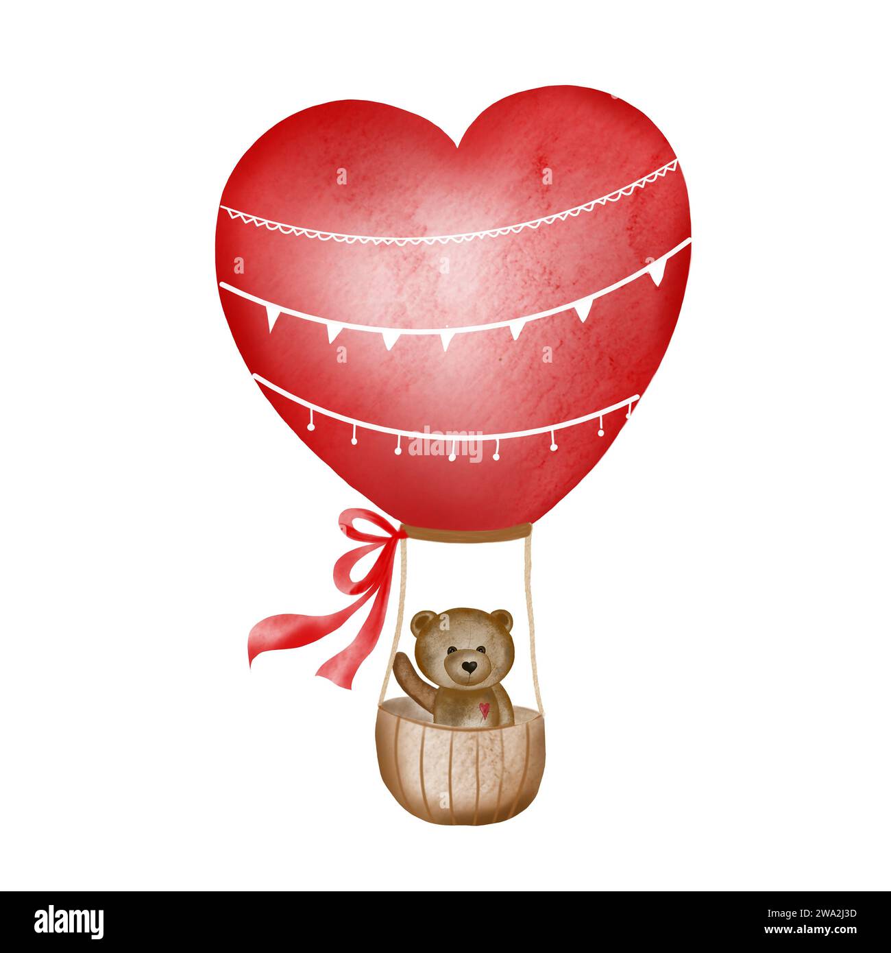 Watercolor drawing of a cute bear in a heart-shaped air balloon. Nice ...