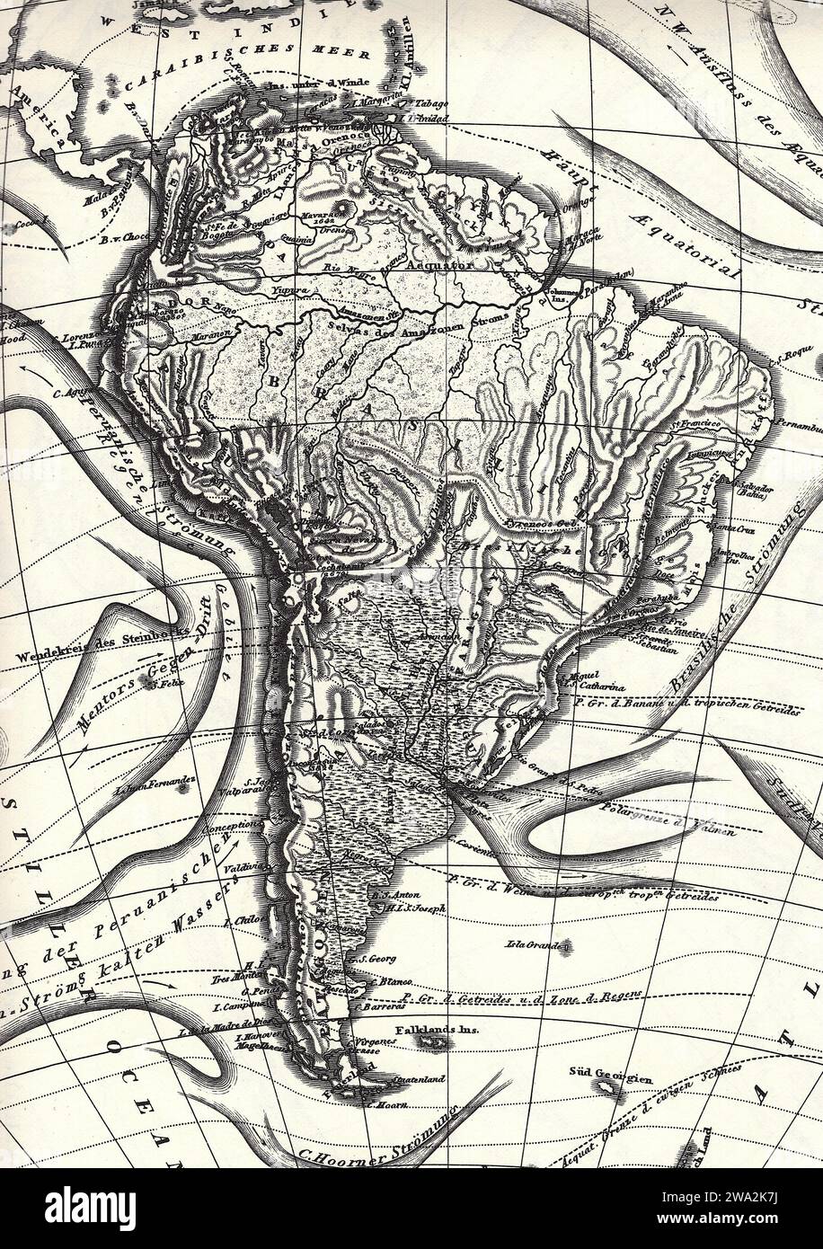 An historic black and white physical map of South America on a white ...