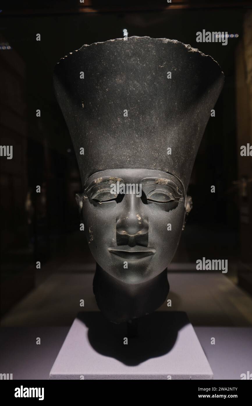 Cairo, Egypt - January 2, 2024: Greywacke stone bust of Userkaf ...