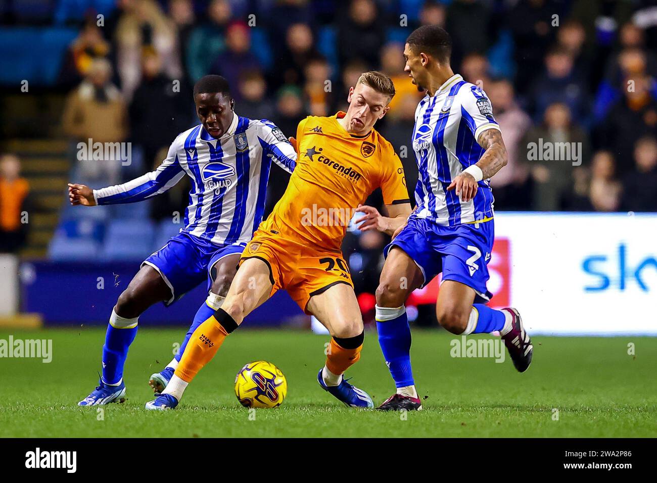 Liam Delap 20 of Hull City defends possession during the Sky Bet Championship match Sheffield ...