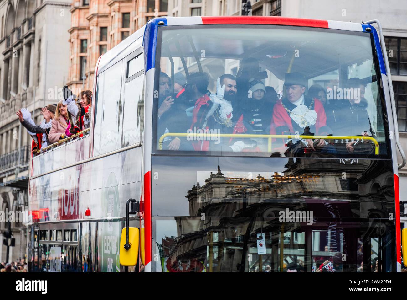 London, UK. 1st Jan, 2024. TOOT Bus -carrying the Mayors of London and ...