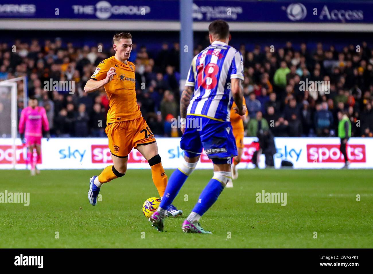 Liam Delap 20 of Hull City runs open the ball during the Sky Bet ...