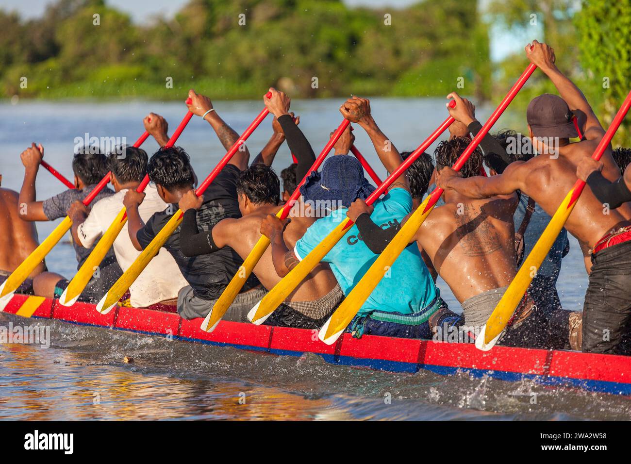 Local men's team training for the Dragon Boat race, Tonle Sap lake ...