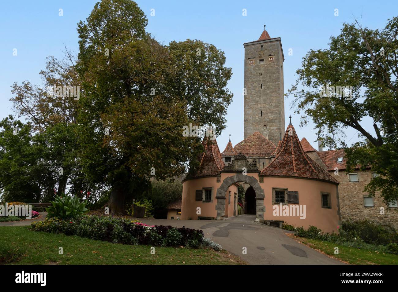 Western town gate Burgtor in the medieval German town of Rothenburg ob ...
