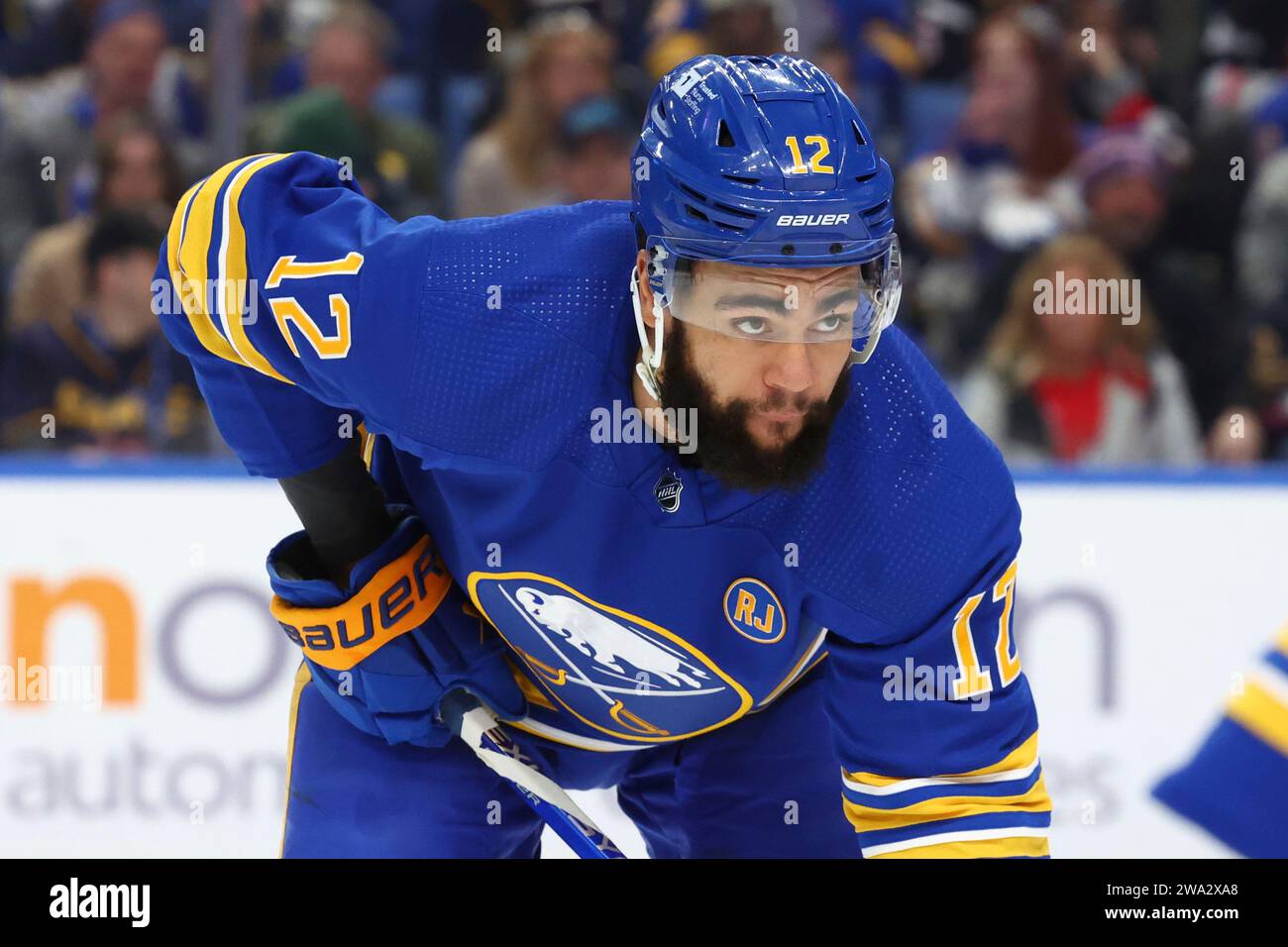 Buffalo Sabres left wing Jordan Greenway (12) looks on during the first ...