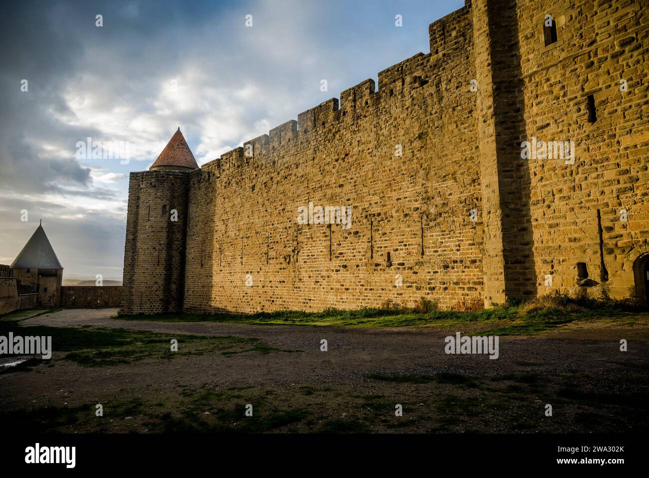 Outside walls of the La Cité, medieval citadel with numerous ...