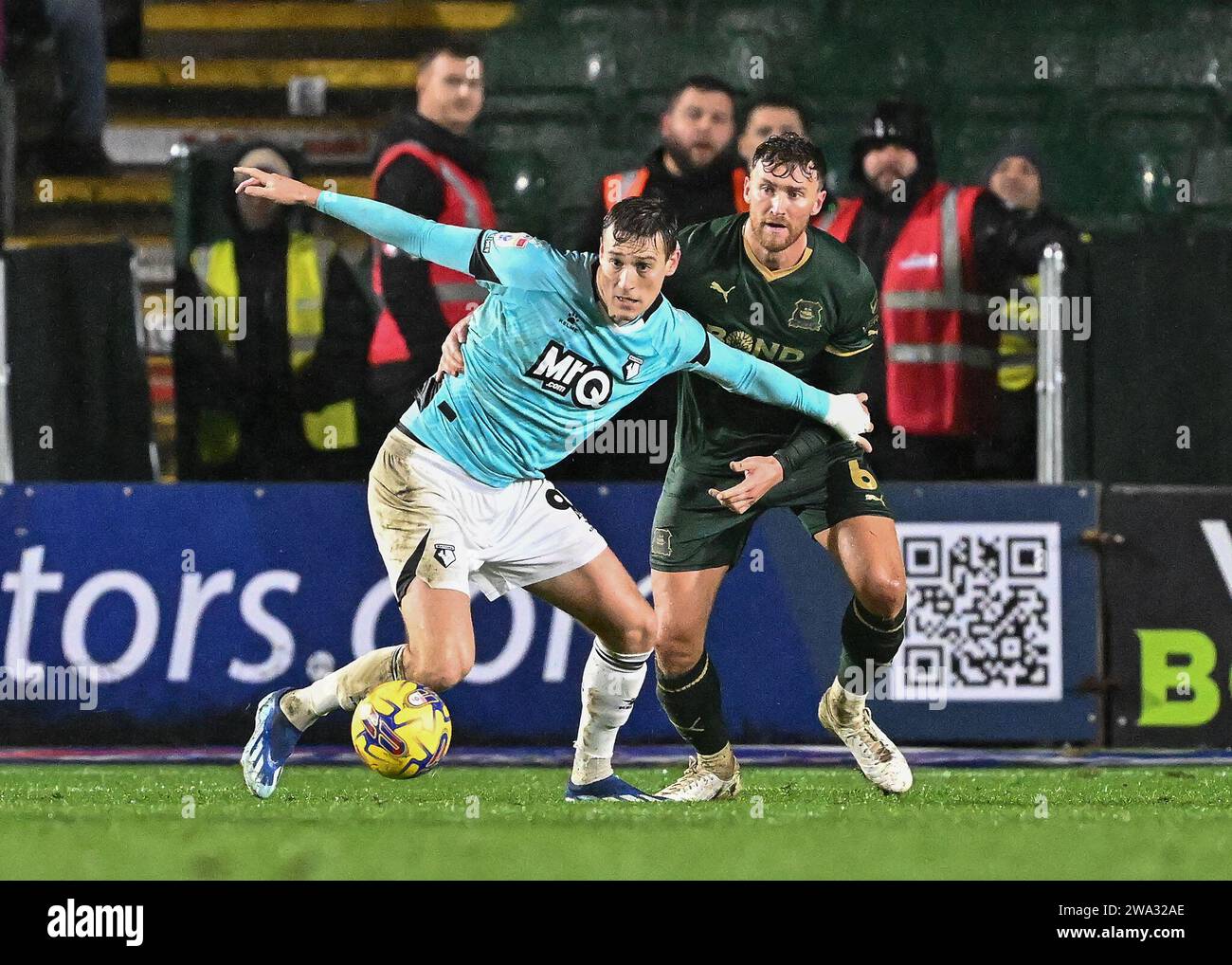 Dan Scarr of Plymouth Argyle defending n during the Sky Bet ...