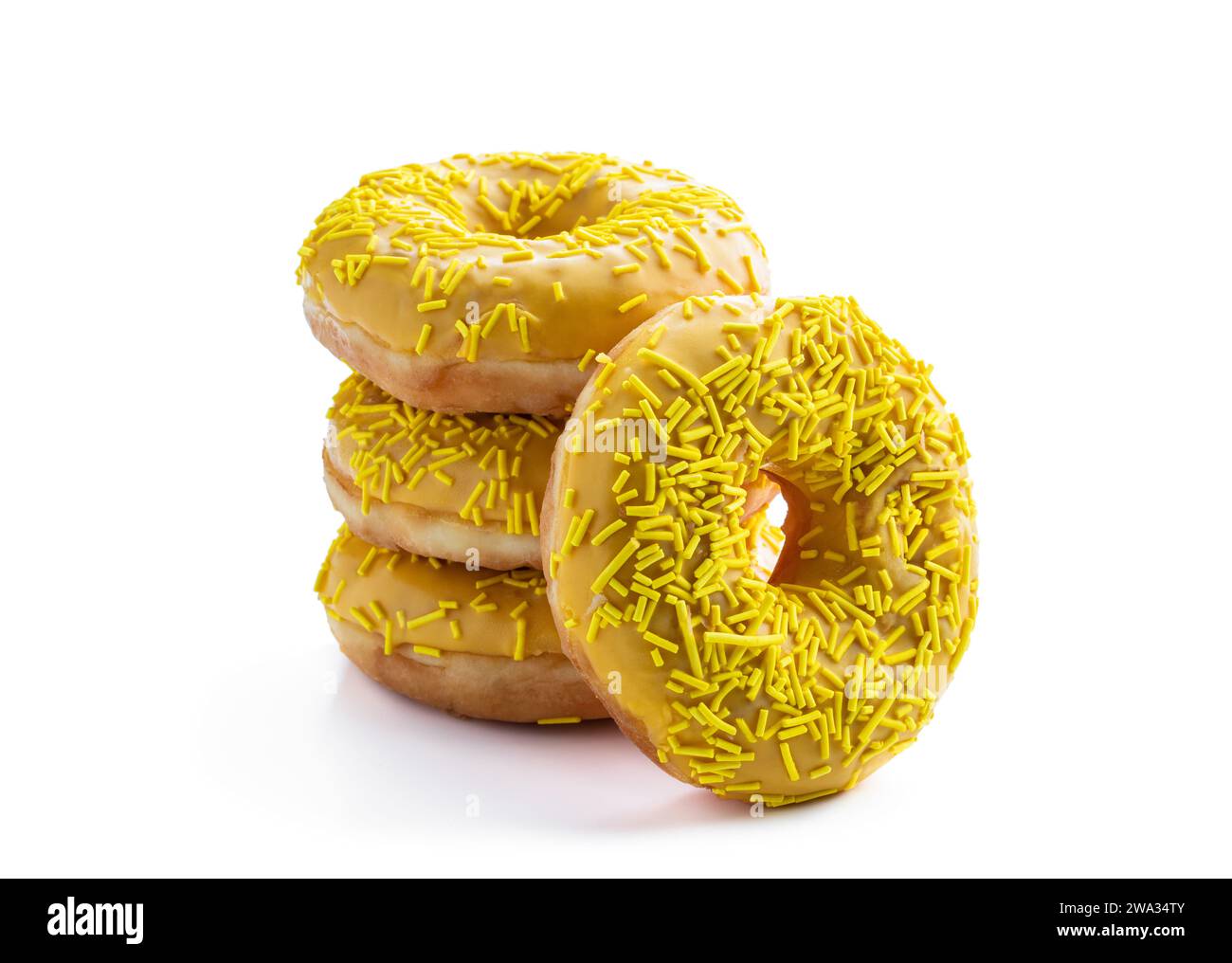 Yellow glazed doughnuts in gray tray isolated on white Stock Photo - Alamy