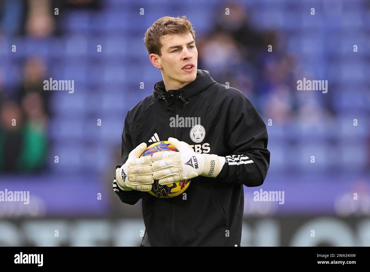 Mads Hermansen of Leicester City warms up ahead of the Sky Bet ...