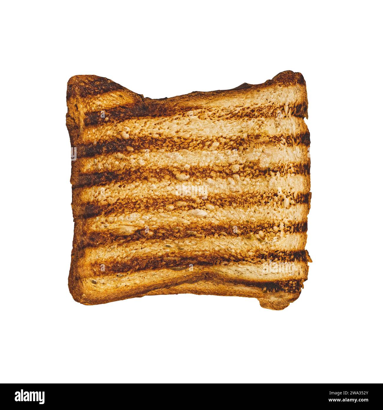 Slice of burnt toasted whole grain bread isolated on white background ...